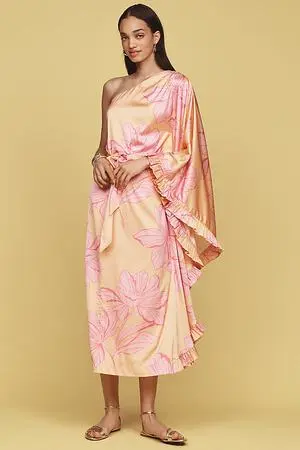 HUTCH Morgan One-sleeve Tie-waist Midi Dress - Yellow Pattern