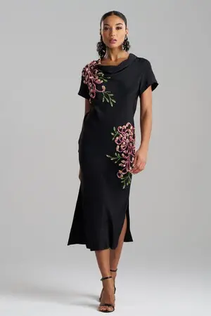 Natori Couture Silk Crepe Embellished Column Dress