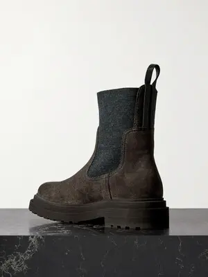 Brunello Cucinelli Bead-embellished Suede Chelsea Boots - Brown