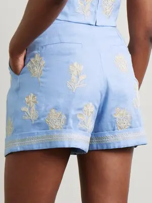 Agua Bendita Romy Madera Embroidered Linen Shorts