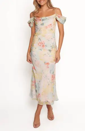 PETAL & PUP Esther Floral Cold Shoulder Midi Dress - Yellow Multi