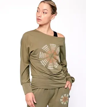 REBODY Karma Graphic Long Sleeve Top - Olive/print