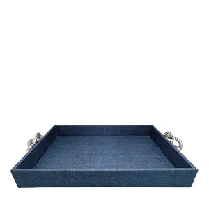 MARIPOSA Faux Grasscloth Tray With Rope-look Handles - Blue