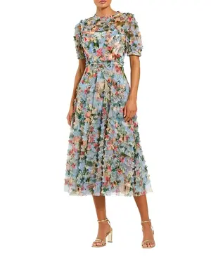 Mac Duggal Floral Printed Mesh Ruffle High Neck Midi Dress - Blue Multi