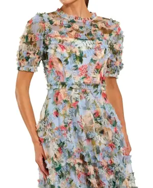 Mac Duggal Floral Printed Mesh Ruffle High Neck Midi Dress - Blue Multi