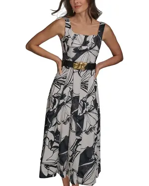 Donna Karan New York Floral Square Neck Midi Dress