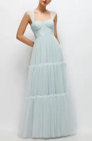 Dessy Collection Tiered Tulle Evening Gown With Convertible Straps - Mist