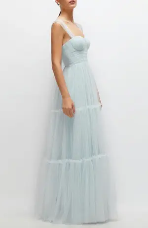 Dessy Collection Tiered Tulle Evening Gown With Convertible Straps - Mist