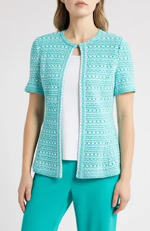 Ming Wang Mixed Stitch Short Sleeve Cardigan