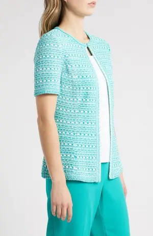 Ming Wang Mixed Stitch Short Sleeve Cardigan
