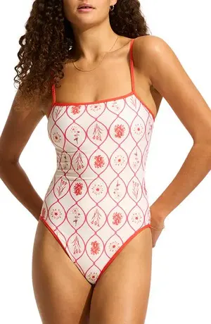 Seafolly Square Neck Floral One-piece Swimsuit - Flame