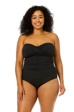 ANNE COLE PLUS Plus Twist Front Shirred One Piece Swimsuit - Black