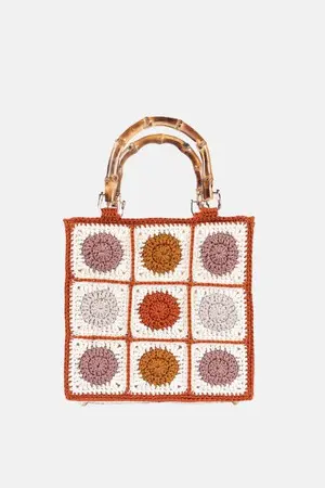 JELAVU Dottie Crochet Crossbody Bag With Rattan Handle - Sunset Multi