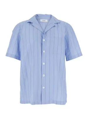 LARDINI Shirt With All-over Striped Motif And Cuban Collar In Cotton - Blue