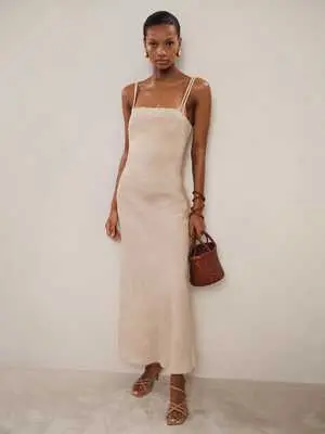 REISS Roxanne Linen Midi Slip Dress - Neutral
