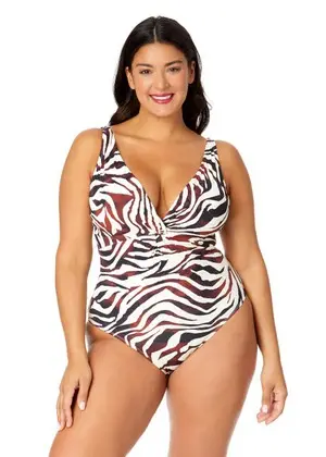 ANNE COLE PLUS Plunge Twist One-piece Swimsuit - Tiger Dance