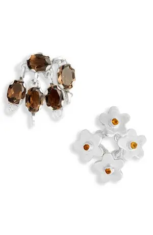 SHANA CAVE Flower & Leaf Cluster Earrings - Silver Smoky Quartz Citrine