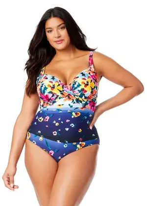 ANNE COLE PLUS Surplice One Piece Swimsuit - Gradient Floral