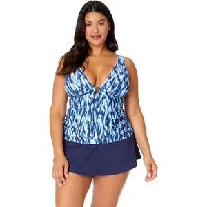 ANNE COLE PLUS Ring Plunge Tankini Swim Top - Tie Dye Ikat