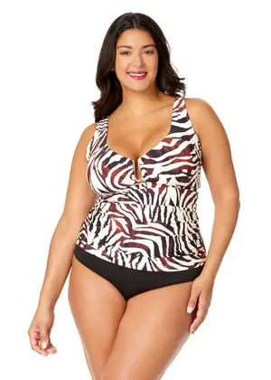 ANNE COLE PLUS Plus Ring Front Tankini Swim Top - Tiger Dance