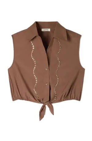 Sandro Rhinestone Embellished Cropped Shirt - Brown