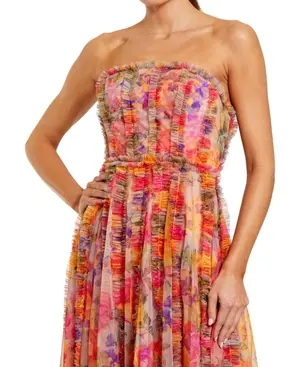 Mac Duggal Mesh Micro Ruffle Strapless Gown - Multi