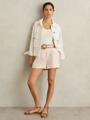 REISS Beau Linen Belted Shorts - Pink