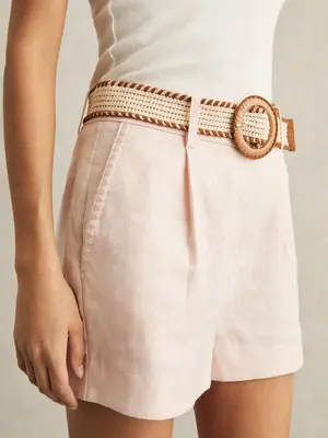 REISS Beau Linen Belted Shorts - Pink