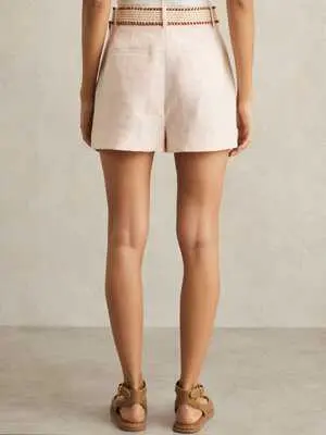 REISS Beau Linen Belted Shorts - Pink