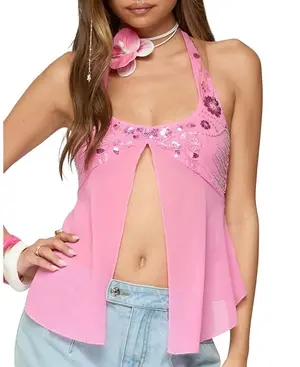 EDIKTED Sequin Chiffon Split Front Top - Pink