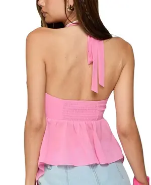 EDIKTED Sequin Chiffon Split Front Top - Pink