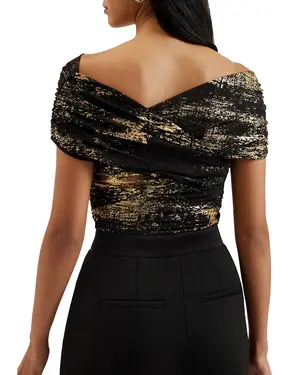 Ted Baker London Talular Bardot Foil Mesh Silk Top