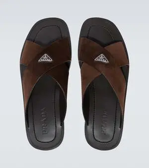 Prada Logo Suede And Leather Sandals