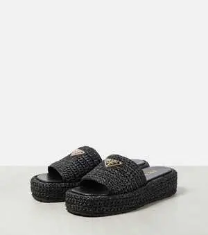Prada Logo Espadrille Slides - Black