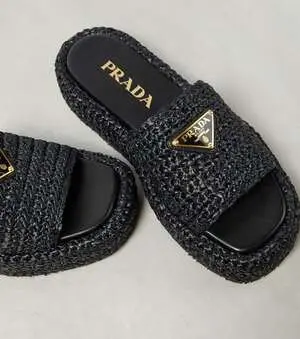Prada Logo Espadrille Slides - Black