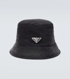 Prada Logo Plaque Denim Bucket Hat - Black