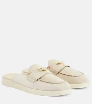 Prada Logo Suede Slippers - Beige