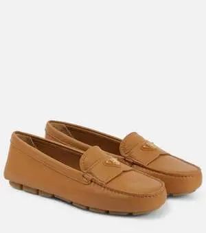 Prada Logo Leather Moccasins - Brown