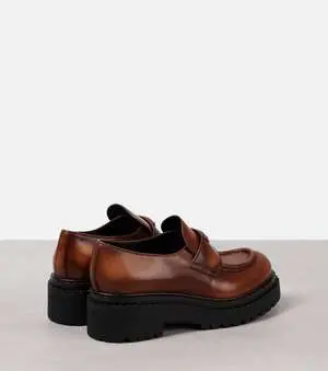 Prada Logo Leather Platform Loafers - Brown
