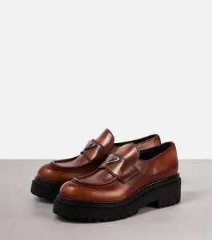 Prada Logo Leather Platform Loafers - Brown