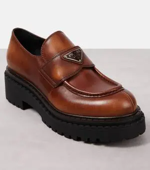 Prada Logo Leather Platform Loafers - Brown