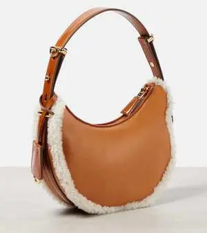 Prada Arqué Small Shearling-trimmed Leather Shoulder Bag - Brown