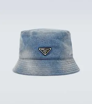 Prada Logo Denim Bucket Hat - Blue