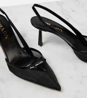 Prada 75 Logo Leather-trimmed Slingback Pumps