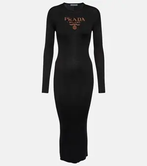 Prada Logo Ribbed-knit Silk Midi Dress