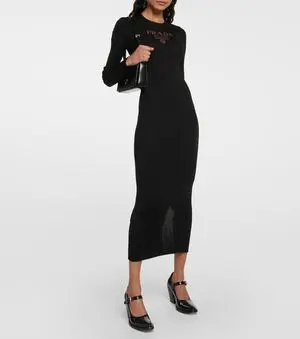 Prada Logo Ribbed-knit Silk Midi Dress