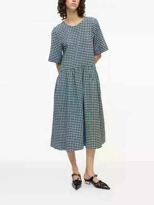 GANNI Checked Seersucker Midi Dress - Blue