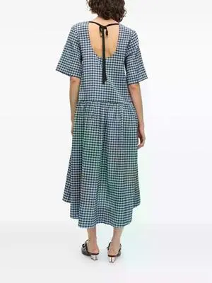 GANNI Checked Seersucker Midi Dress - Blue