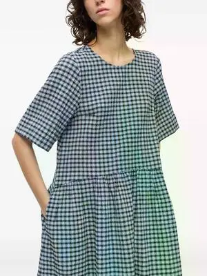 GANNI Checked Seersucker Midi Dress - Blue