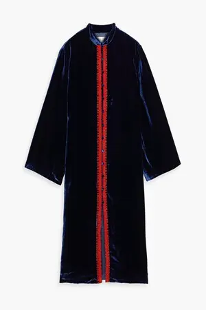 Saloni Amari Embroidered Velvet Robe - Navy